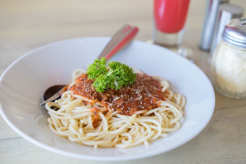 Spaghetti Napoli on Table in Restaurant. Stock Image - Image of ...