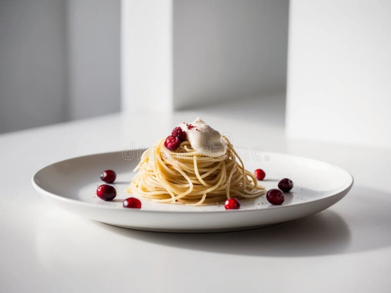 Spaghetti Nest with Cream and Cranberries on White Plate. Stock ...