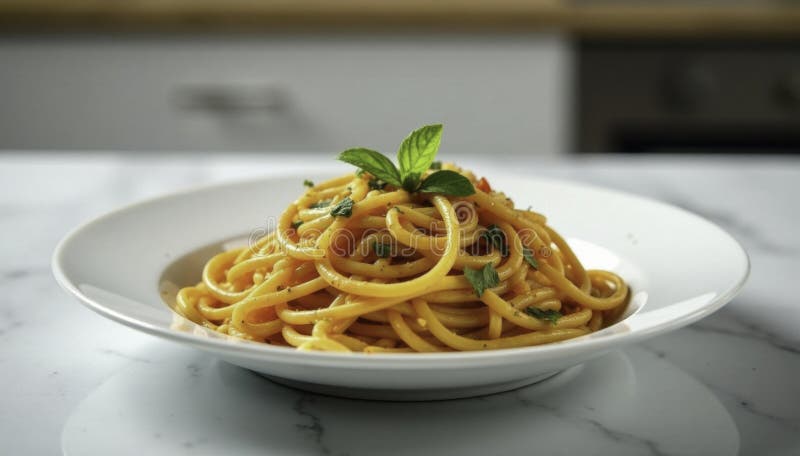 Spaghetti Noodle Plate Centered on Marble Table, Kitchen, Dinner ...