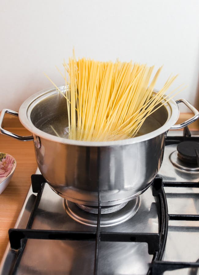 Spaghetti in Pan Cooking in Boiling Water Stock Photo - Image of ...