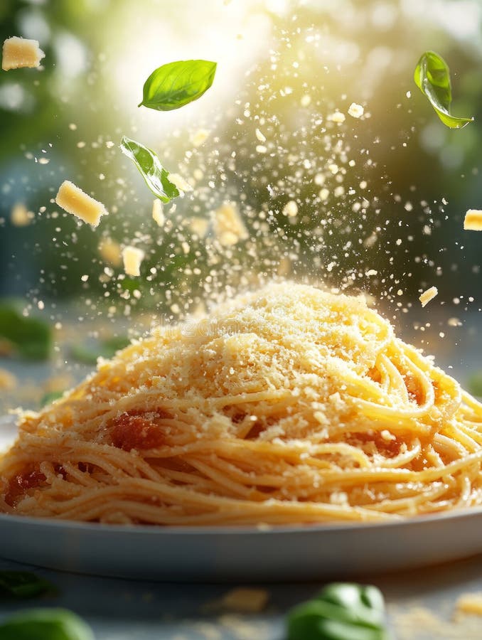 Spaghetti with Parmesan Cheese and Basil in Sunlight. Stock Image ...