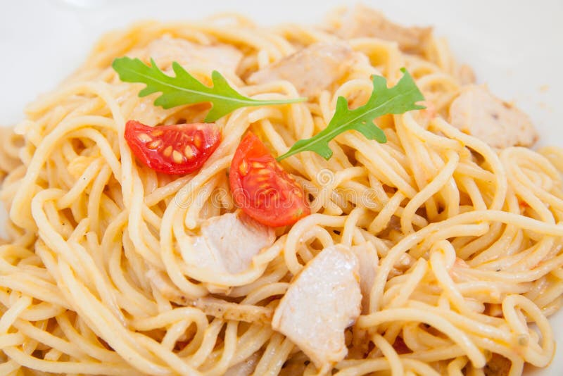 Spaghetti (pasta) with Chicken Fillet Stock Photo - Image of bolognese ...