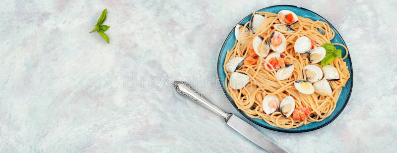 Spaghetti Pasta with Clams, Space for Text Stock Image - Image of food ...
