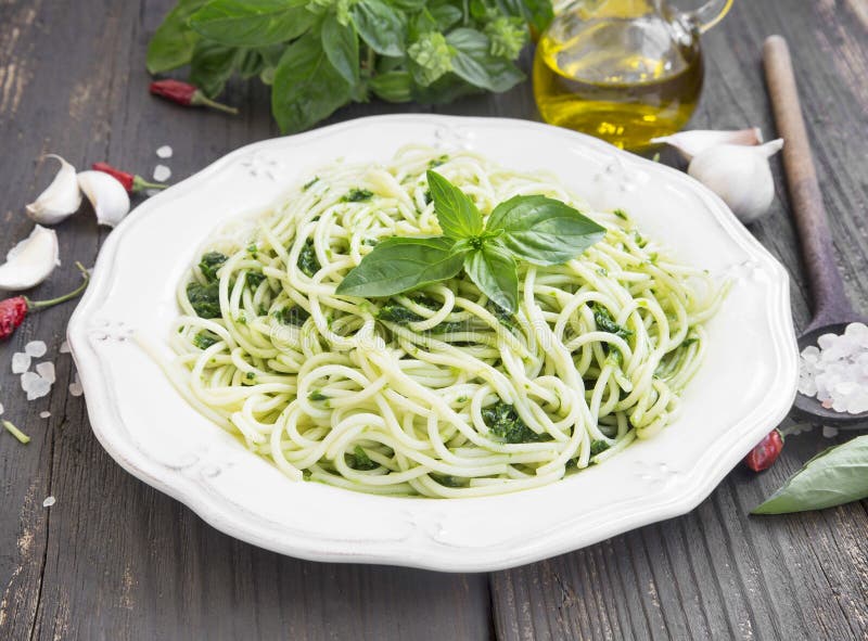 Spaghetti Pasta with Pesto and Fresh Basil Stock Photo - Image of sauce ...