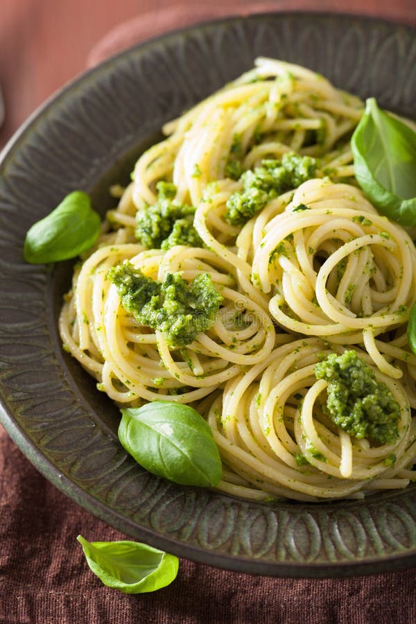 Spaghetti Pasta With Pesto Sauce Over Rustic Table Stock Image Image