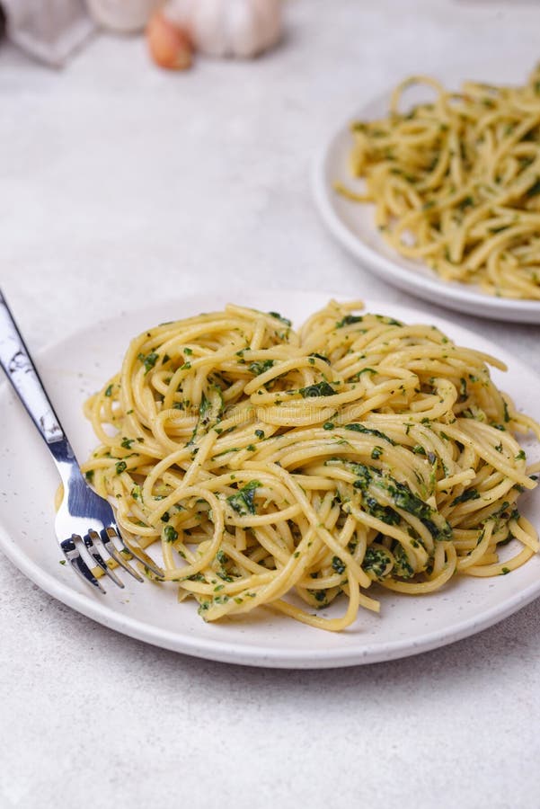 Spaghetti Pasta with Spinach and Cheese Stock Image - Image of dressing ...
