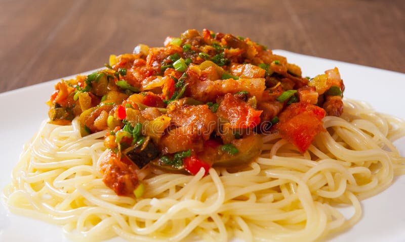 Spaghetti Pasta with Vegetables Mix and Bacon Stock Photo - Image of ...