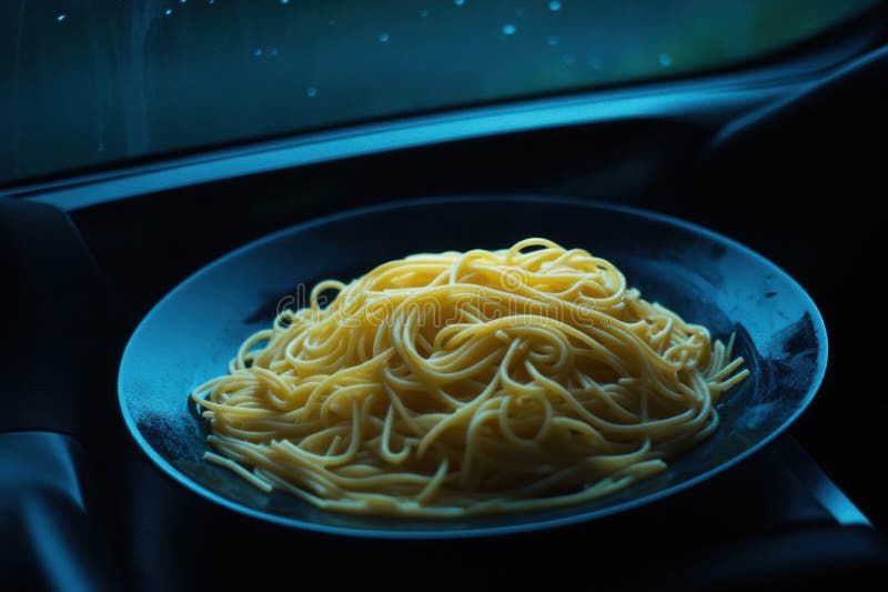 Spaghetti on a Plate Sitting on a Car Dashboard at Night while Raining ...