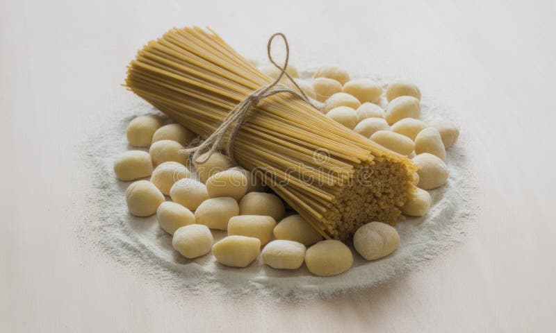 Spaghetti and Potato Dumplings Arrangement on White Background Stock ...