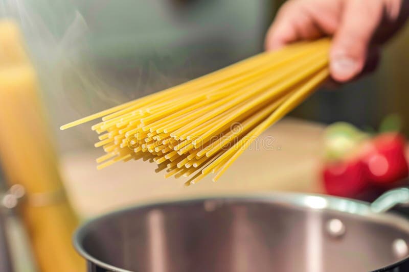 Spaghetti Preparation: Hand Adding Raw Noodles To Boiling Water for ...