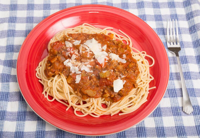 Spaghetti in Red Plate. stock photo. Image of sauce, cuisine - 51826426