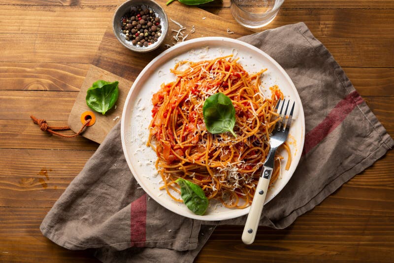 Spaghetti with Red Sauce on White Plate Top View Stock Image - Image of ...