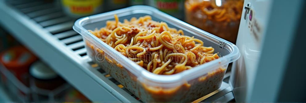 Spaghetti in Refrigerator Container with Tomato Sauce Stored on Fridge ...