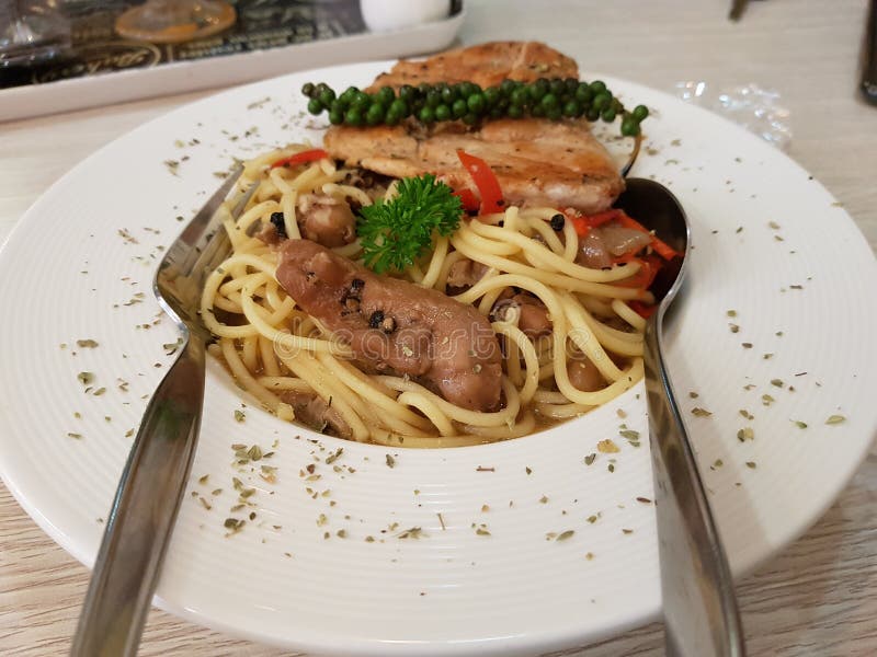 Spaghetti Salmon with Spicy Taste Stock Image - Image of eating ...