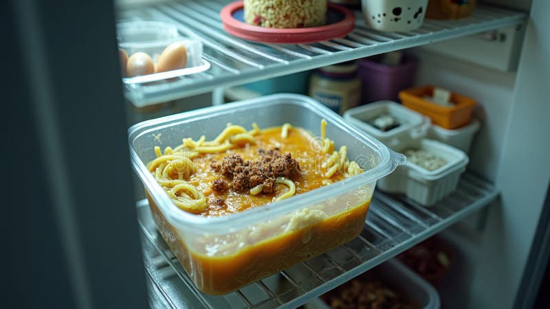 Spaghetti with Sauce and Toppings in Refrigerator Container Stock Image ...