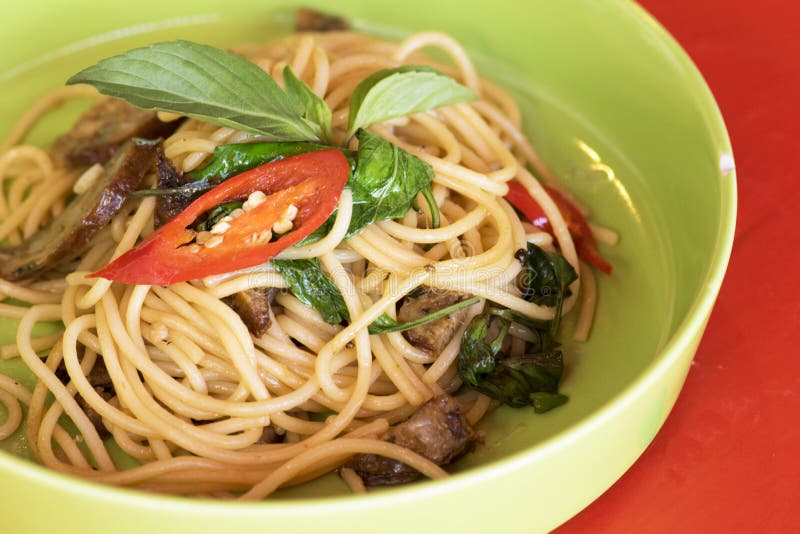 Spaghetti Sausage with Chilli and Basil Stock Photo - Image of lunch ...