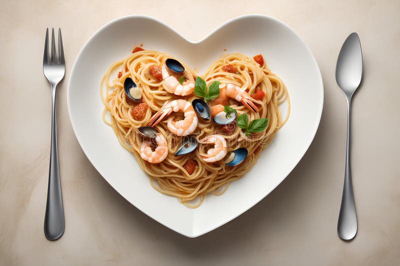 Spaghetti with Seafood in a Heart-shaped Plate. Stock Photo - Image of ...