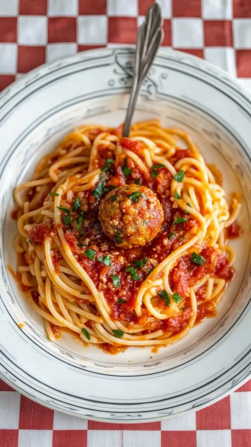Spaghetti Shaped As a Heart with a Meatball on a Checkerboard Table ...