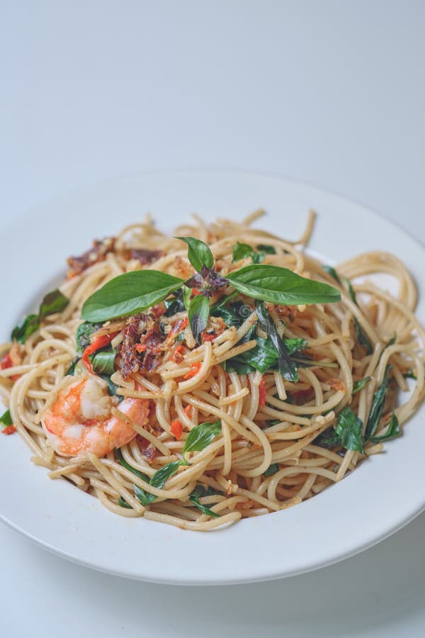 Spaghetti with Spicy Mixed Seafood Thai Style Stock Photo - Image of ...