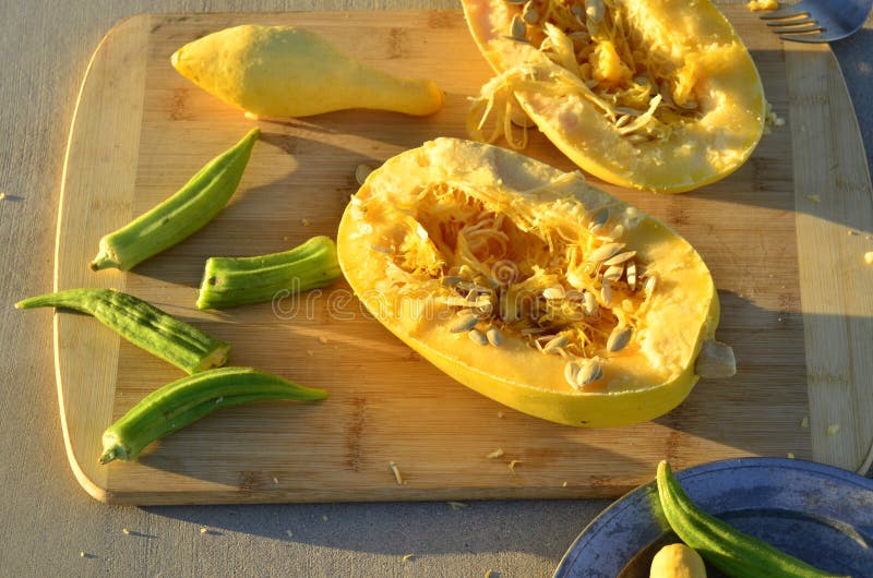 Spaghetti Squash Cut in Half Stock Photo - Image of board, pieces ...