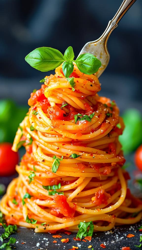 Spaghetti Stack with Tomato Chunks and Basil on Dark Background Stock ...