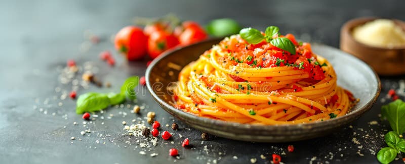Spaghetti Stack with Tomato Chunks and Basil on Dark Background Stock ...