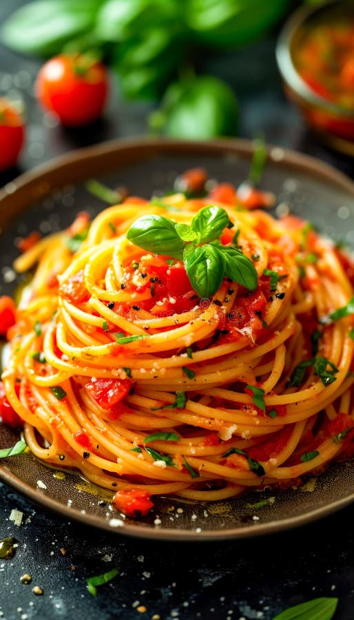 Spaghetti Stack with Tomato Chunks and Basil on Dark Background Stock ...