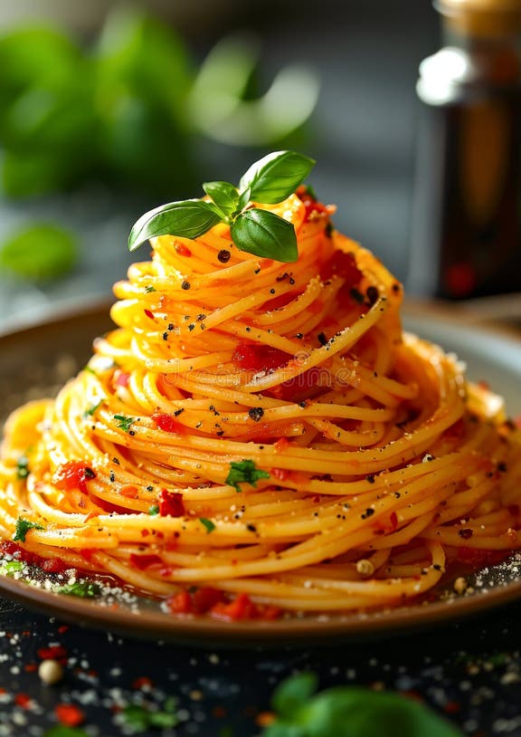 Spaghetti Stack with Tomato Chunks and Basil on Dark Background Stock ...