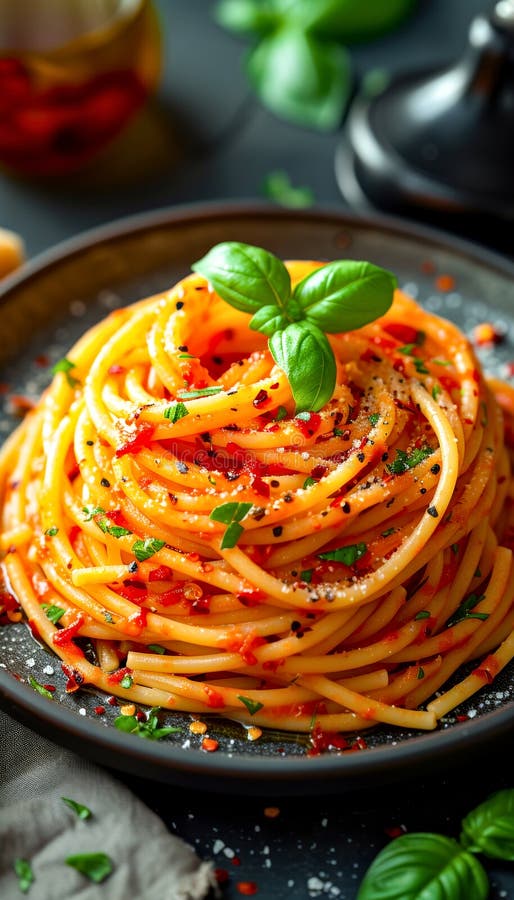 Spaghetti Stack with Tomato Chunks and Basil on Dark Background Stock ...