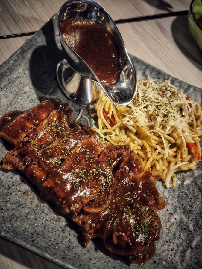 Spaghetti Steak with Black Pepper Sauce Stock Photo - Image of pepper ...