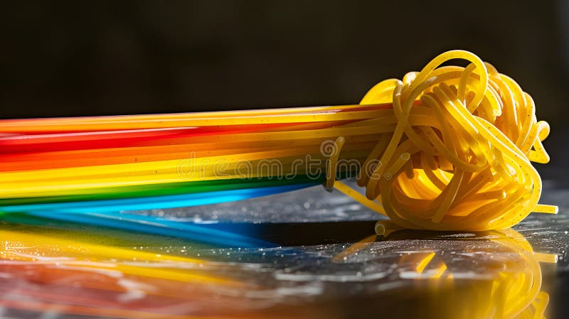 Spaghetti Stretched Lengthwise, a Rainbow-colored Light Falls on the ...