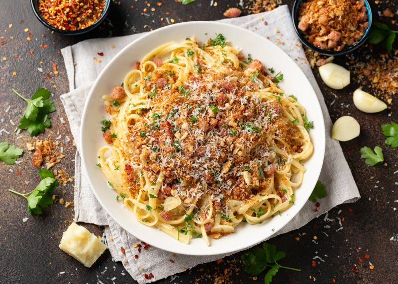 Spaghetti with Toasted Breadcrumbs, Bacon and Parmesan Cheese. Stock ...