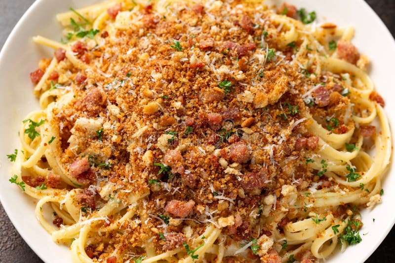 Spaghetti with Toasted Breadcrumbs, Bacon and Parmesan Cheese. Stock ...