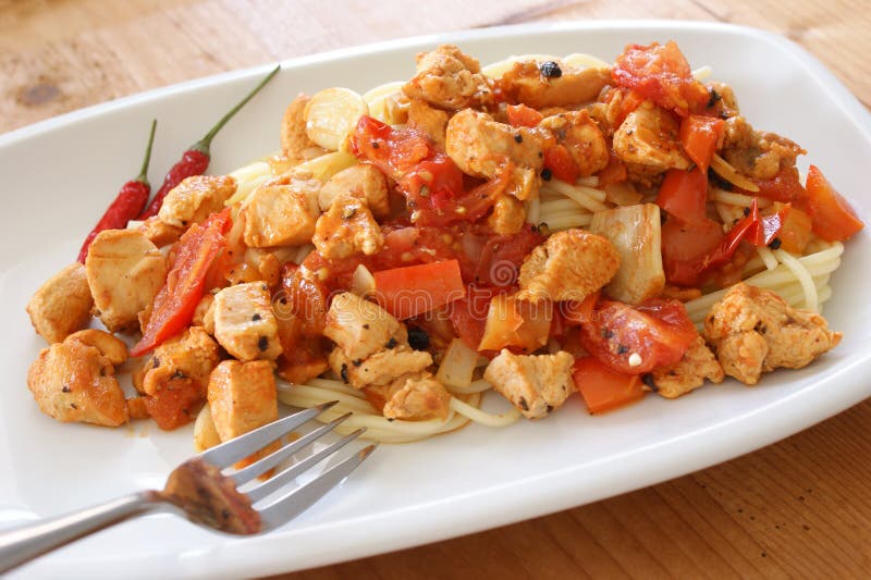 Spaghetti with Tomato and Chicken Meat on a Plate Stock Image - Image ...
