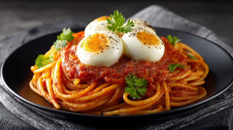 Spaghetti with Tomato Sauce and Boiled Eggs Stock Illustration ...