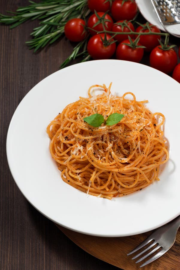 Spaghetti with Tomato Sauce, Vertical, Top View Stock Image - Image of ...