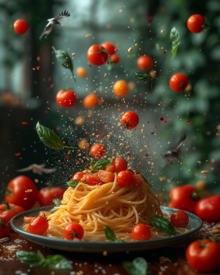 Spaghetti with Tomatoes and Basil Flying in the Air Stock Image - Image ...