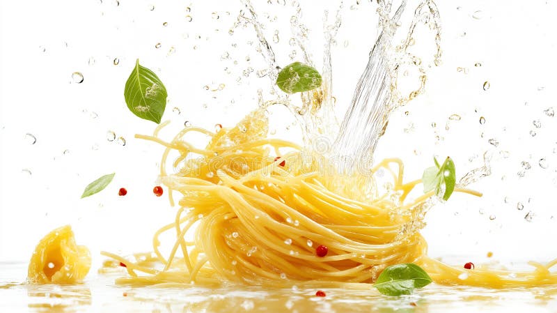 Spaghetti Tossed with Basil, Splashing in Mid-air, Ready To Serve Stock ...