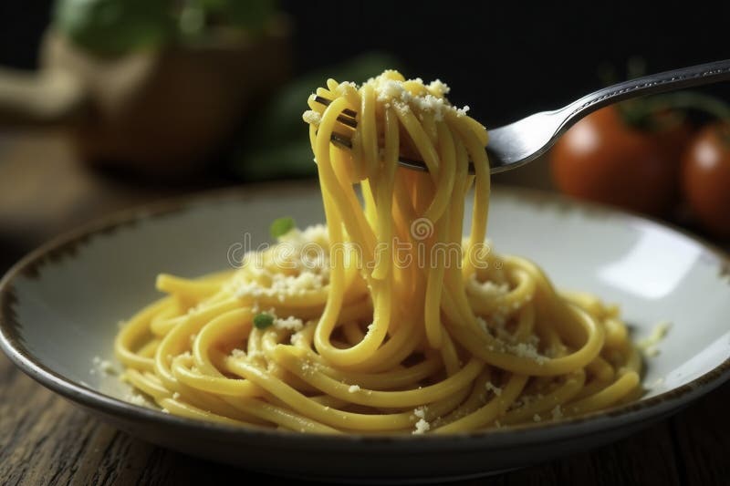Spaghetti Twirled Around a Fork with Melted Parmesan, Kitchen Utensils ...