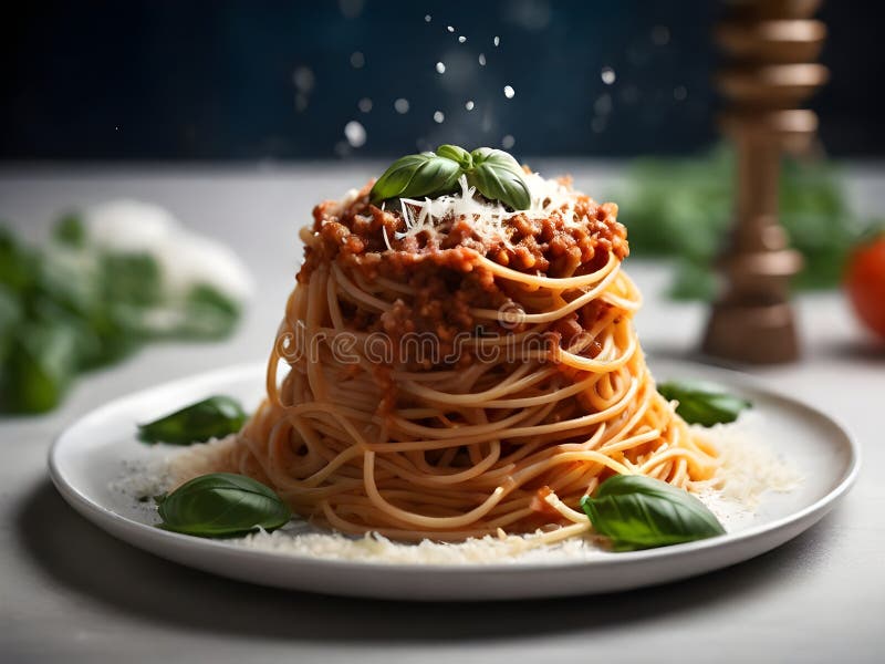 Spaghetti Twisted into a Tower with Bolognese Sauce, Grated Parmesan, a ...