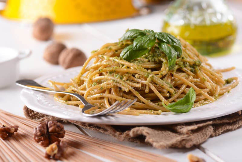 Spaghetti with Walnut Pesto Stock Photo - Image of spoon, basil: 57592838