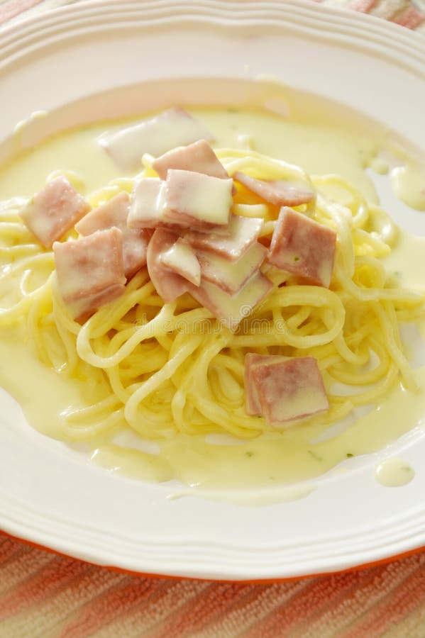 Spaghetti White Sauce Topping Slice Ham Pork on Plate Stock Photo ...