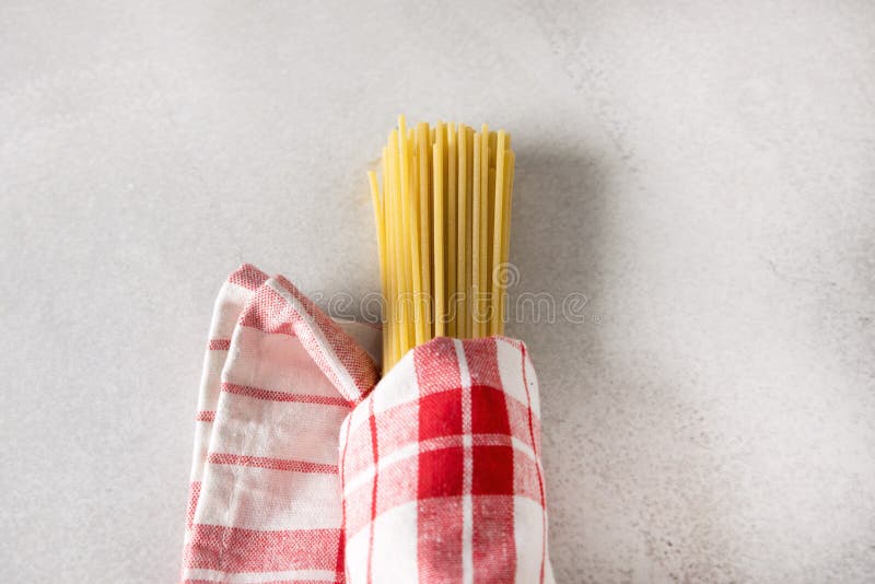 Spaghetti Yellow Pasta Ready for Cooking Gray Background Copy Space ...