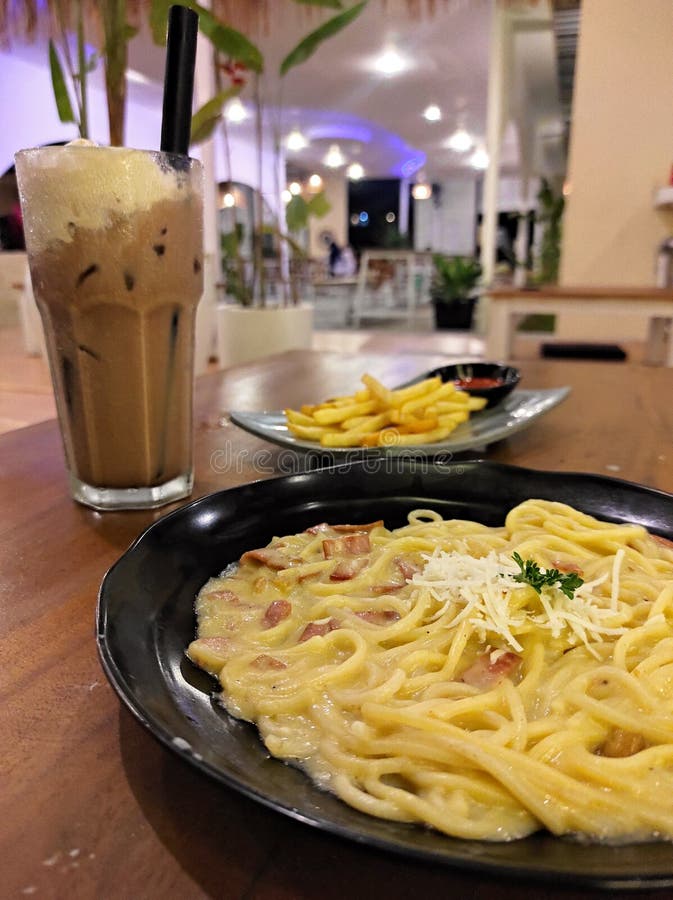 Spaghetti Food with Fried Fries and Choco Float Stock Image - Image of ...