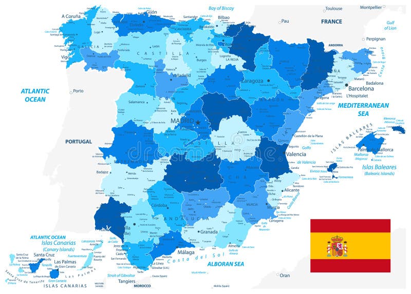 Spain Administrative Divisions Map Blue Color Stock Vector ...