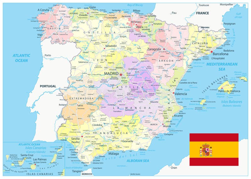 Spain Administrative Divisions Map Blue Color Stock Vector ...