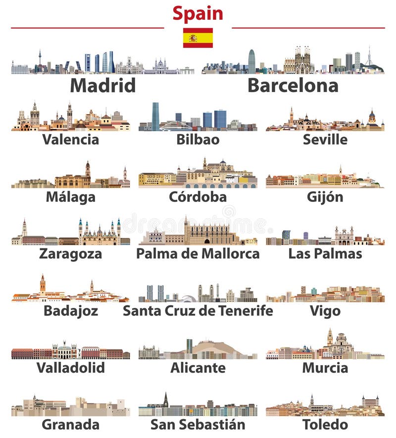 Spain Cities Skylines Vector Illustrations Set Stock Illustration ...
