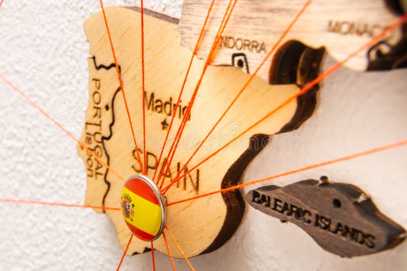 Spain Flag on the Pin with Red Thread Showed the Paths on the Wooden ...
