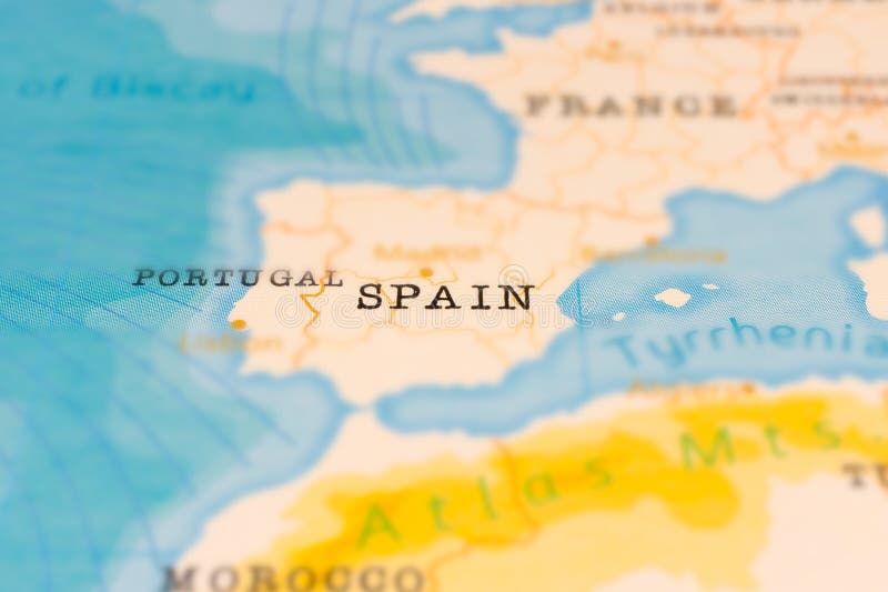 Spain in Focus on a Tilted World Map. Stock Photo - Image of economy ...