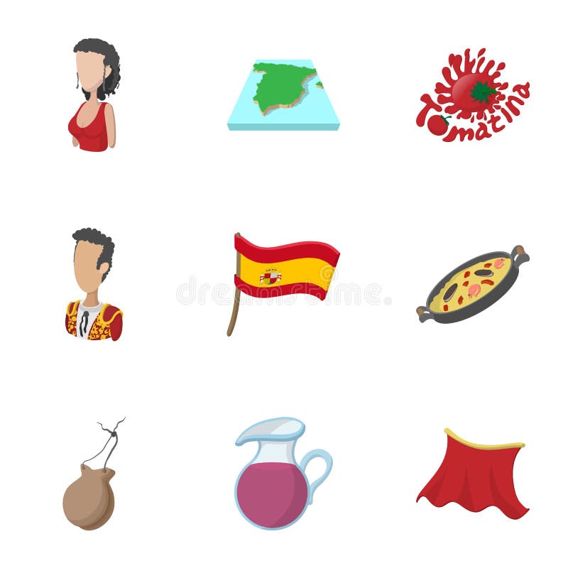 Spain Icons Set, Cartoon Style Stock Illustration - Illustration of ...